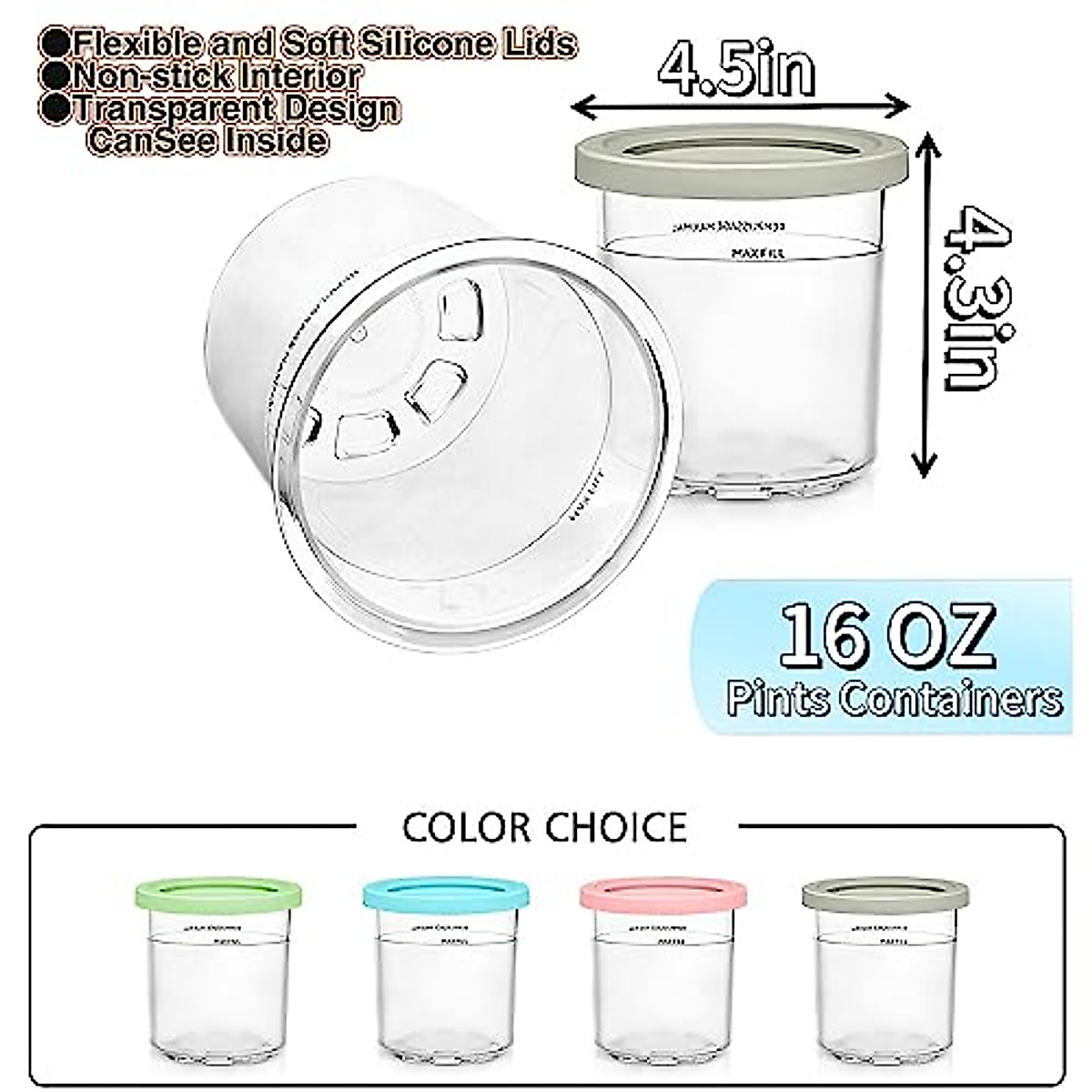 JDPNJSI Containers Replacement for Ninja Creami Pints and Lids - 4 Pack, 16oz Compatible with NC301 NC300 NC299AMZ Series Ice Cream Maker, BPA Free and Dishwasher Safe, Grey/Blue/Pink/Green