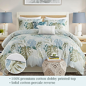 Harbor House King Duvet Cover Set, Tropical Palm Print, Soft Cotton Oversized Duvet Cover for a King-Size Bed, Coastal Bedding Cover, 2 Shams, 2 Décor Pillows, Kiawah Island, King/Cal King Blue