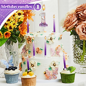 Amylove Purple Butterfly Number 1 Birthday Candle for Cake with 6 Long Thin Cupcake Candles Girls Sparkling Candles Sequin Glitter Purple Candle for Women Girl Anniversary Wedding