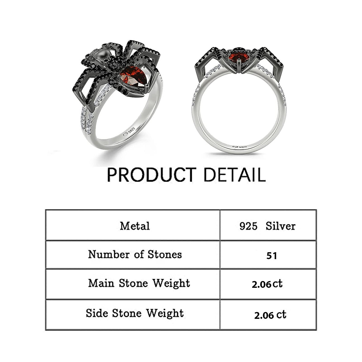 Jeulia Spider Skull Biker Black Ring Women Men Halloween Tone Pear Cut Sterling Silver Red Diamond Band Rings Black Plated Promise Rings with Jewelry Gift Box for Men(Black, 11)