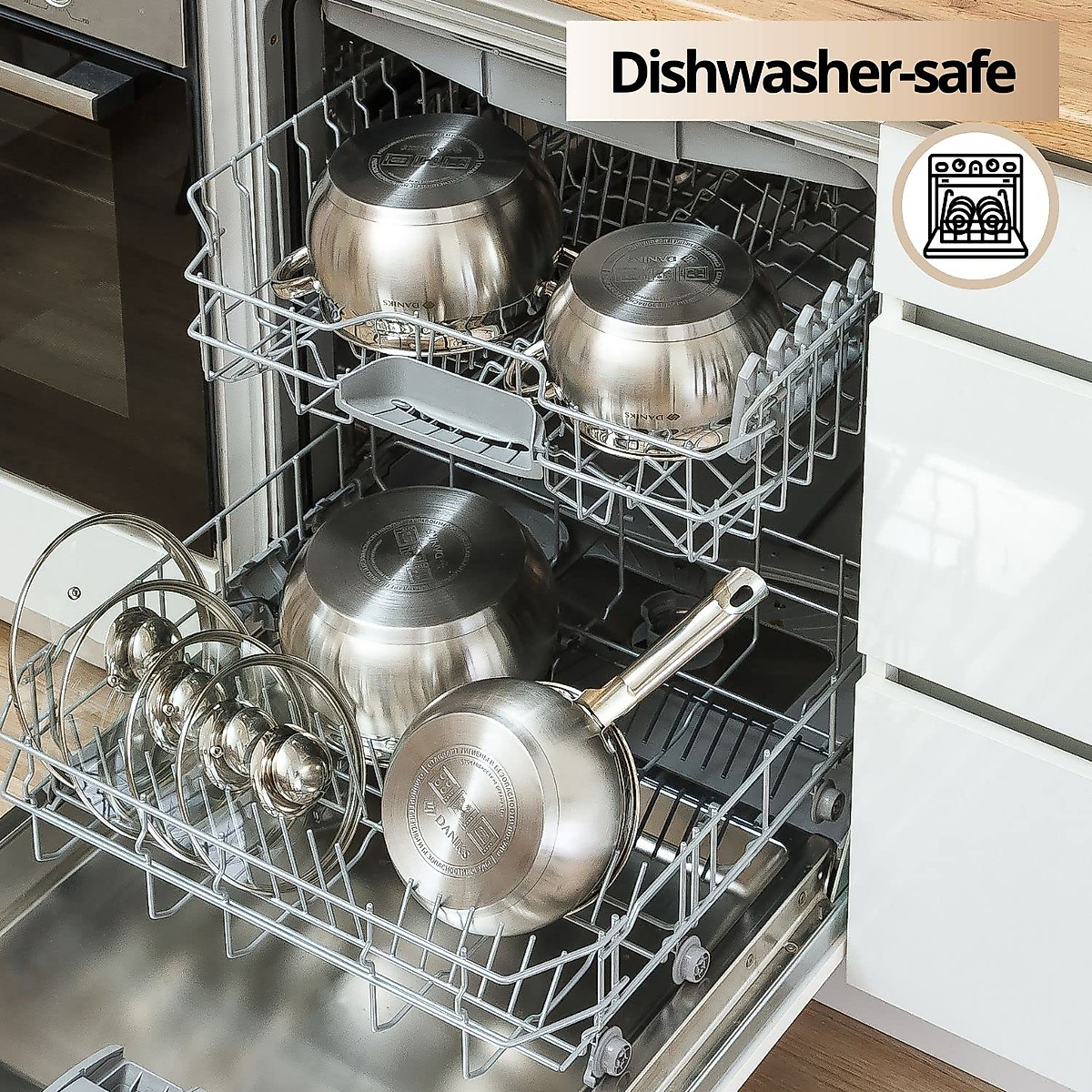 Daniks Classic Stainless Steel Kitchen Induction Pot Cookware Set | 6-Piece | Dishwasher Safe Pots with Lid | 2 Quart + 3 Quart + 4 Quart | Measuring Scale | Silver