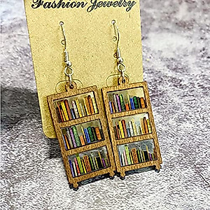 HILOLOA Acrylic Wooden Book Earrings Classic Stitching Bookshelf Earring Teacher Dangle Jewerlry Small Bookcase Jewelry for Teacher Women Student (acrylic bookshelf earring)