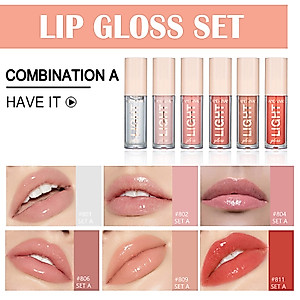 CAHIUYOA Light 6PCS Lip Gloss Set,Nude Pink Lip Gloss Kit Shine Glossy and Moisturizing,Lip Plumping Pack Bulk Liquid Lipstick for Women Girls-Set A