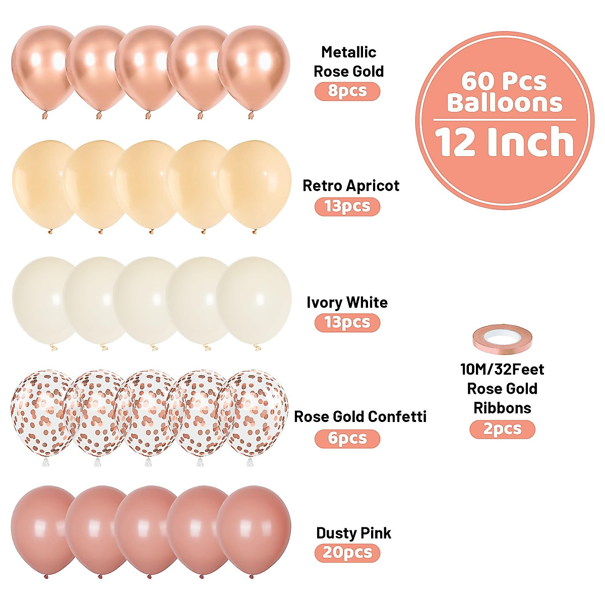 Funhot Retro Blush Pink Balloons Set, 60PCS Dusty Pink Birthday Balloons, 12Inch Chrome Rose Gold Balloons Beige Nude Latex Balloon for Girls Birthday Bridal Baby Shower Wedding Boho Party Decoration