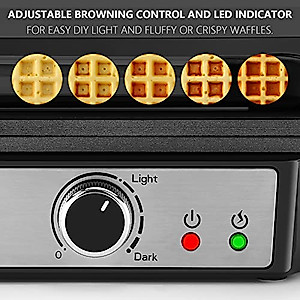 Extra Deep Belgian Waffle Maker MONXOOK, 2-Slice Non-Stick Waffle Iron with 5 Browning Knob, Classic 1" Thick Waffles, Anti-overflow, Recipes Included, PFOA Free, Stainless Steel