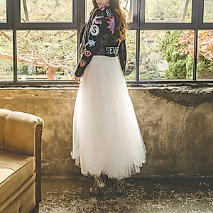 LBKKC Women's Midi Tulle Skirt Elastic Waist 3 Layered Mesh Formal Prom Party Tutu Skirt A Line(L,Off White)