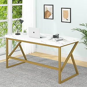 HSH White Faux Marble and Gold Desk, Modern Home Office Executive PC Laptop Computer Desk, Farmhouse Writing Study Work Gaming Table for Bedroom Living Room, Simple Metal Wood Workstation, 55 Inch
