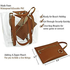 Clear Tote with Vegan Leather Pouch Women Weekender PVC Handbag Shopper Work Bag (Brown)