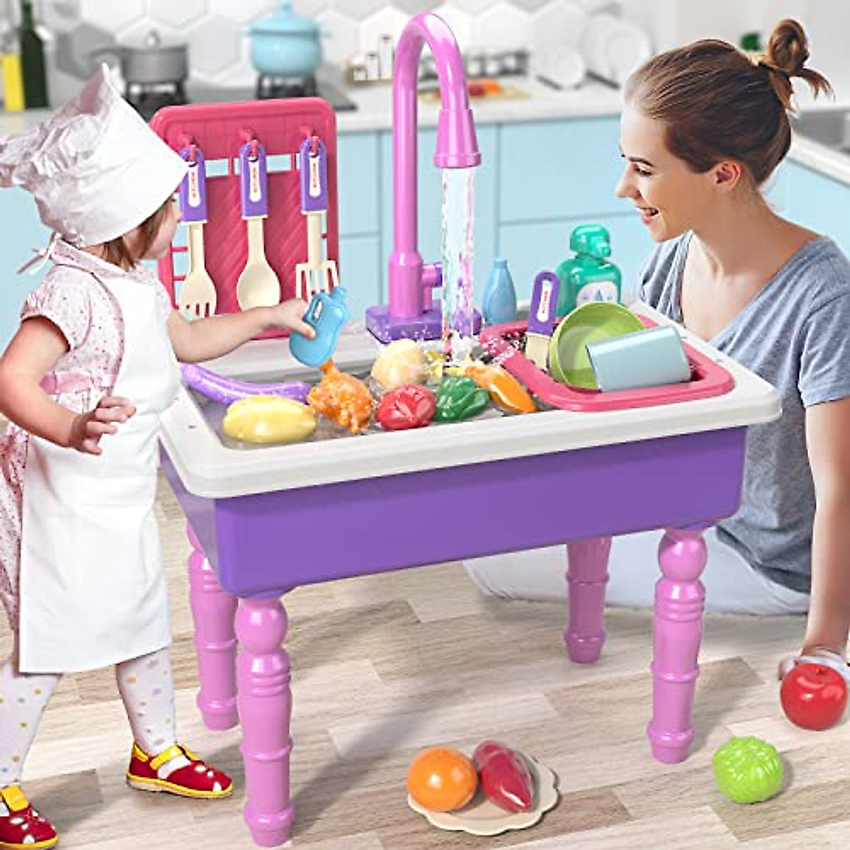 SmartChef Play Kitchen Sink Toys , Electric Dishwasher Playing Toy with Running Water, Play Food & Tableware Accessories, Kitchen Set Toys, Role Play Sink Set for Toddlers Kids Boys Girls