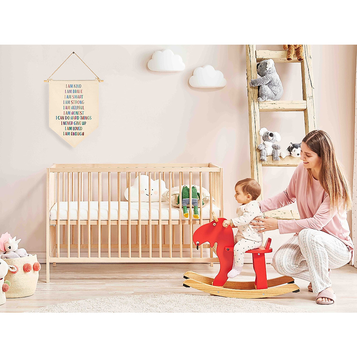 I Am Kind I Am Brave I Am Smart- Kid Affirmation Gift- Canvas Hanging Pennant Flag Banner Wall Sign Decor Gift for Nursery Baby Kids Girl Boy Teen Bedroom Playroom Front Door- Birthday Christmas Gift