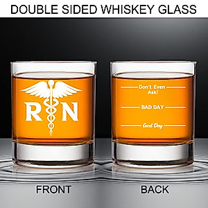 AGMDESIGN Funny Double sided Good Day Bad Day Don't Even Ask RN Registered Nurse Whiskey Glasses Gift Box , Registered Nurse Graduate Gift, Great Gift for Nurses, RN, or Nursing Graduation