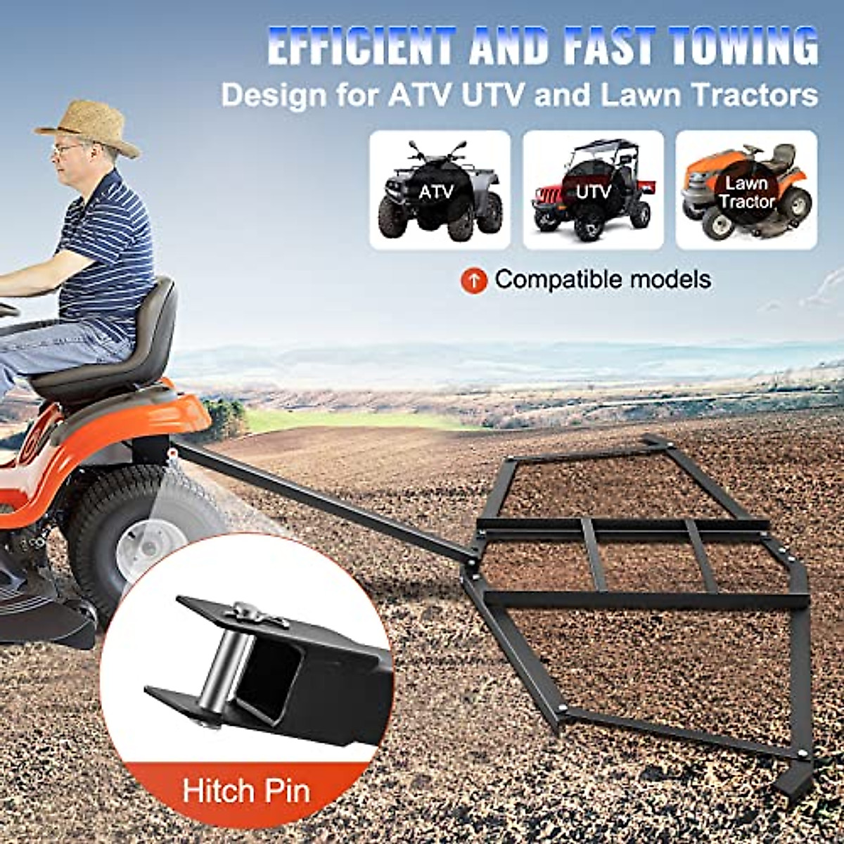 VEVOR Driveway Drag 74'' Width, Tow Behind Drag Harrow 39'' Length, 4'' Height, Driveway Tractor Harrow with 2 Adjustable Bars, Heavy Duty Steel, Driveway Grader for ATV, UTV, Garden Lawn Tractors