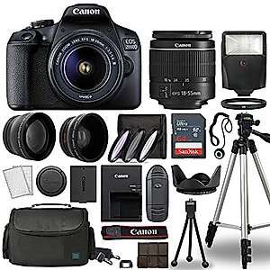 Canon Cameras EOS 2000D / Rebel T7 Digital SLR Camera Body w/Canon EF-S 18-55mm f/3.5-5.6 Lens 3 Lens DSLR Kit Bundled with Complete Accessory Bundle + 64GB + Flash + Case & More - International Model