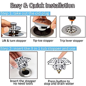 AzWzz 1 PCS Bathroom Sink Drain Stopper with Strainer and 1 PCS Bathtub Drain Stopper with Drain Hair Catcher, 3 in 1 Feature, All Brass Plating Process