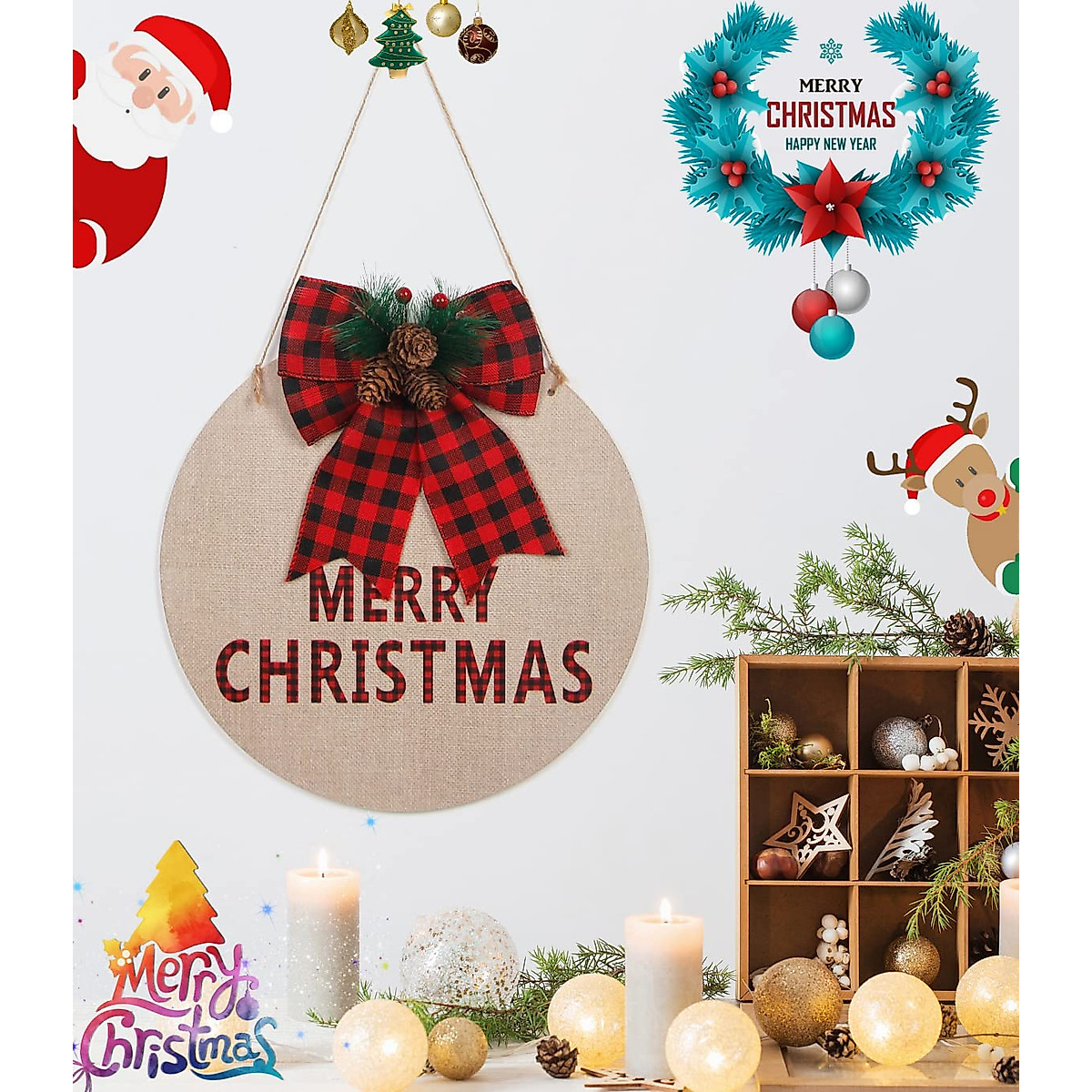 Merry Christmas Wreath Hanging Sign Front Door Round Wood Sign with Buffalo Check Bow, Rustic Xmas Linen Holiday Decor for Farmhouse Porch Living Room Home Garden Christmas Decoration.