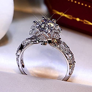 925 Sterling Silver Shiny Full Diamond Ring Cubic Zirconia Flower Ring CZ Diamond Ring Personality Ring for Women Luxury and Delicate Female Style Wedding Engagement Princess Ring Jewelry (US Code 6)
