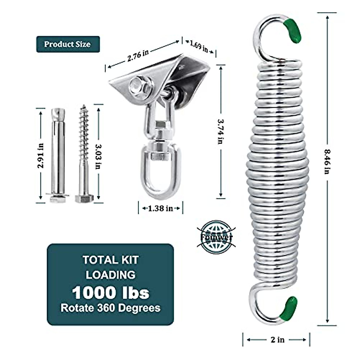 Porch Swing Hanging Spring Kit, Load 1600 lbs, 360 Rotating, Stainless Steel Heavy Duty Hanger Spring for Porch Swing, Hammocks, Swing Chair, Sandbags, Yoga, etc. [2 Sets]