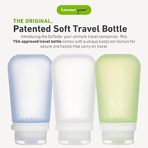 humangear GoToob+ 3-Pack (Large) | Refillable Silicone Travel Bottle | Locking Lid | Food-Safe Material, Clear/Green/Blue, Large (3.4 fl.oz.; 100ml)