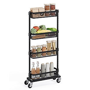 SONGMICS Slim Storage Cart, 4-Tier Metal Rolling Cart with Wheels, Flexible Baskets, Narrow Cart for Kitchen, Bathroom, Laundry Room, Easy Assembly, Black UBSC065B01