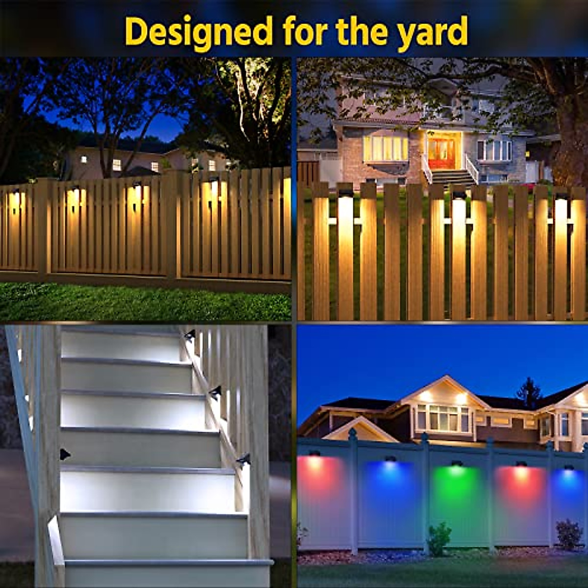 NIORSUN Solar Fence Lights Warm White/Cool White/RGB Solid Color Glow Mode, 6 Pack Solar Outdoor IP65 Waterproof Backyard Wall Light for Deck Step Yard Patio Garden