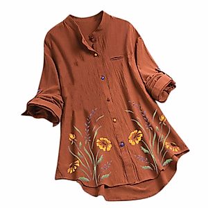 Aniywn Women Round Neck Lace Up Lace Patchwork Flare Pullover Top Casual Plus Size 3/4 Sleeve Floral Printed T-Shirt Brown