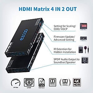 HDMI Matrix 4 in 2 Out 4K 60Hz 4:4:4 HDR 10 Atmos SPDIF 5.1CH Audio Extractor - 16 EDID Option, HDMI Scaler 4K 1080P Sync, Vision Atmos Sync,HDCP2.2 HDMI Matrix 4x2 IR Remote,IR Ext. MX42PRO