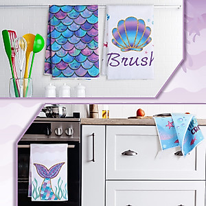 Bencailor 4 Pcs Hand Towels for Girls Absorbent 24 x 16 Inches Tea Towels Mermaid Unicorn Gnome Butterfly Dish Towels for Kitchen Gifts Bathroom Spa Gym Sport Housewarming (Purple, Blue,Mermaid)
