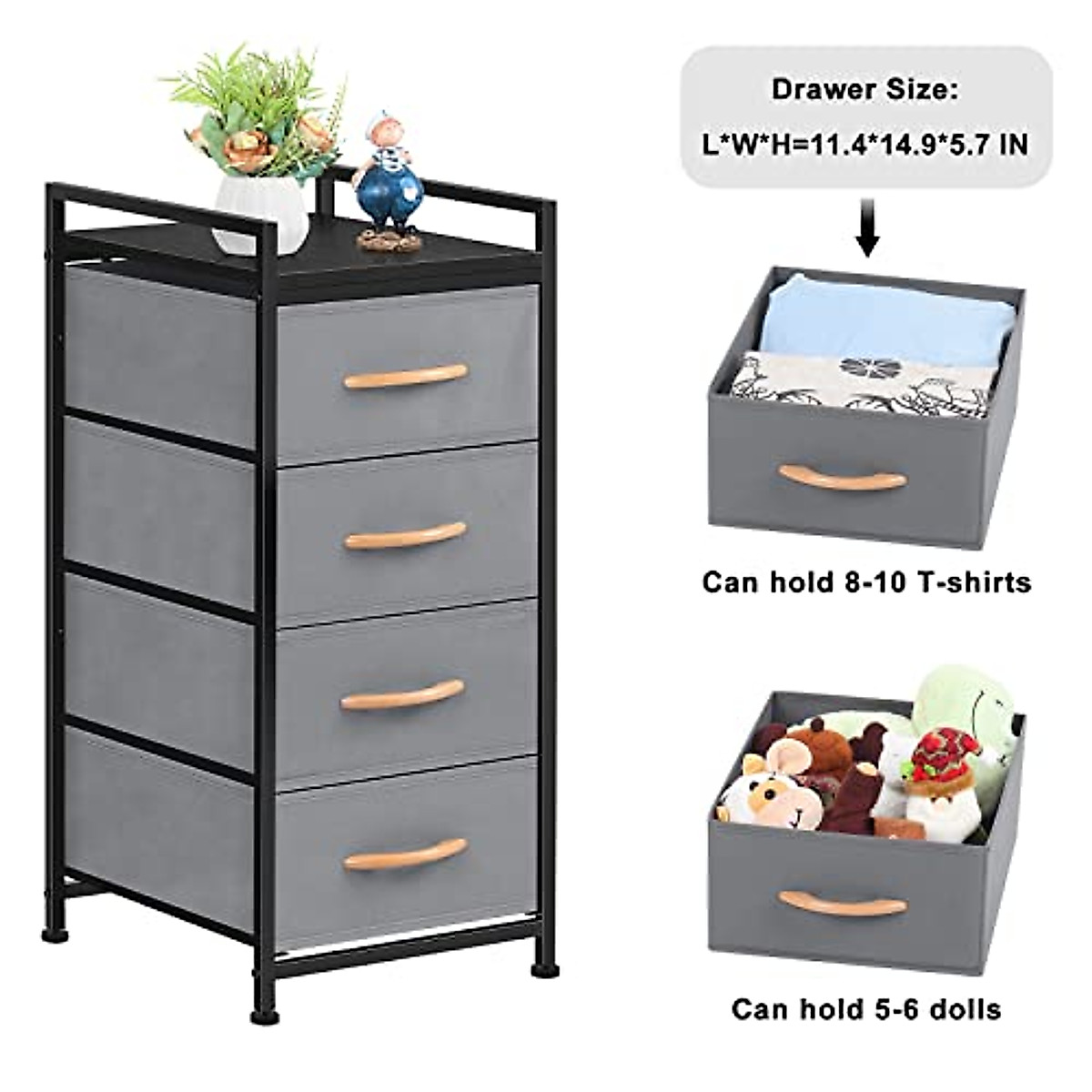 Drawer Dresser for Bedroom Fabric Storage Dresser with 4 Drawers Tower Tall Nightstand Chest of Drawers with Wood Top and Steel Frame Organizer Unit for Closet Living Room Hallway Entryway (Grey)