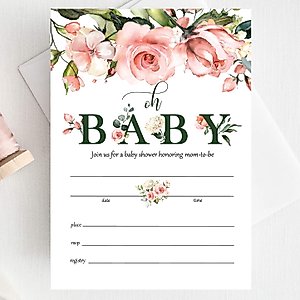 Moonrise Papery Set of 25 Pink Floral Baby Shower Invitations for Girl, Oh Baby Invitations for Baby Shower, Fill-In Style Invitations with Envelopes