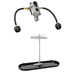 Flame King Auto Changeover LP Propane Gas Regulator + Dual RV Propane Tank Cylinder Rack for RVs and Trailers