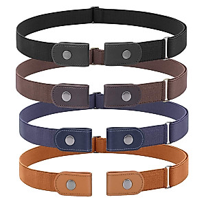 WHIPPY 4 Pieces No Buckle Stretch Women Belt for Jeans Pants, Buckle Free Comfortable Invisible Elastic Belts (Black Khaki Blue Brown, Fit Pants Size 32-48 Inches)