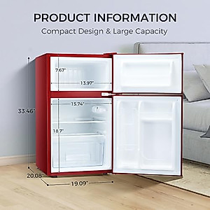 Kismile Mini fridge with freezer,3.2 Cu.Ft Compact Mini Refrigerator with Double 2 door,Adjustable Temperature,Full Size for Home,Kitchen,Dorm,Apartment,Retro Red