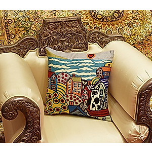 Kashmir Designs Blue Coastal Throw Pillow Cover | Karla Gerard Seaside Cat Pillow | Folklore Pillowcase | Nautical Chair Cushion | Flower Couch Pillow | Hand Embroidered Cushions Wool Size - 18x18