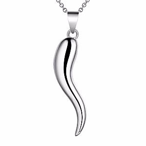 Lucky Italian Horn Pendant Necklace 18K White Gold Over 925 Sterling Silver Cornicello Horn Talisman Necklace Protection Amulet Jewelry for Women Sisters Best Friends Gift FP0061W