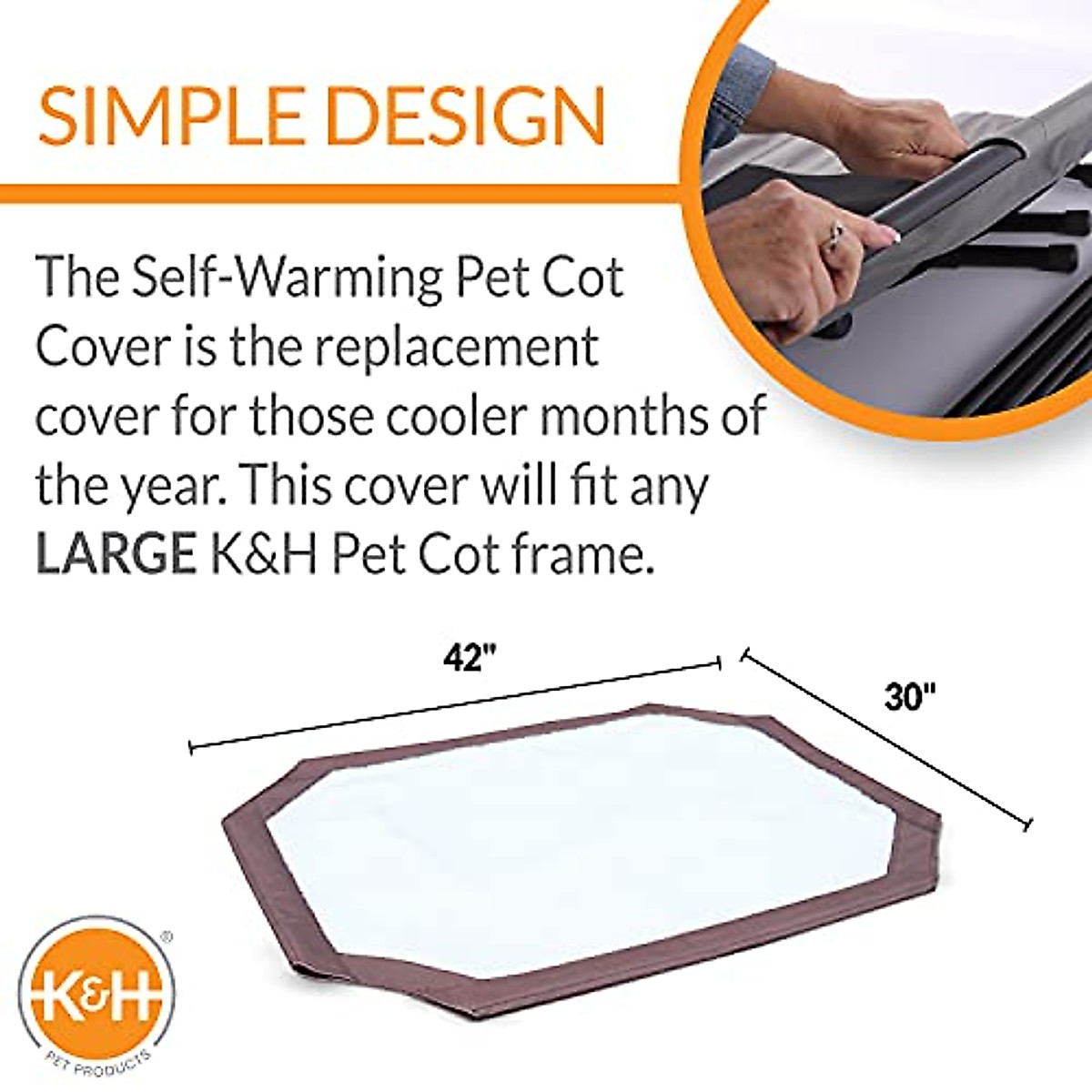 K&H Pet Products Self-Warming Pet Cot Cover Replacement (Cot Sold Separately) - Chocolate/Fleece, Large 30 X 42 Inches
