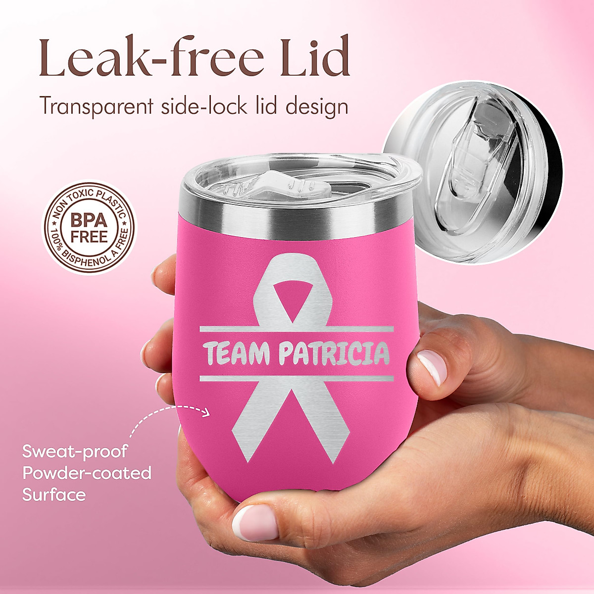 Personalized Custom Breast Cancer Ribbon Your Name Engraved Insulated Stainless Steel Wine Tumbler with Lid 12 oz. Gift for Her (Pink)