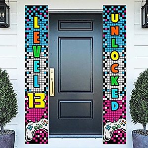 Level 13 Unlocked Happy 13th Birthday Level Up Banner Backdrop Background Photo Booth Props Video Game Game Controller Theme Decor for Door Porch Boys Girls 13th Birthday Party Supplies Decorations