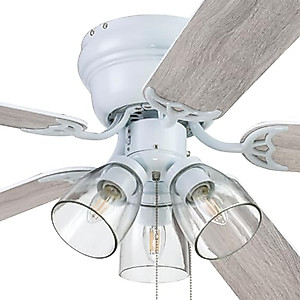 Portage Bay Ceiling 52" Renton White Indoor Fan with Clear 3 Light LED Multi Arm E26/B11 Bulb and Pull-Chains, Traditional Style, 5 Reversible Gray Oak Blades, 51441, 52 Inch