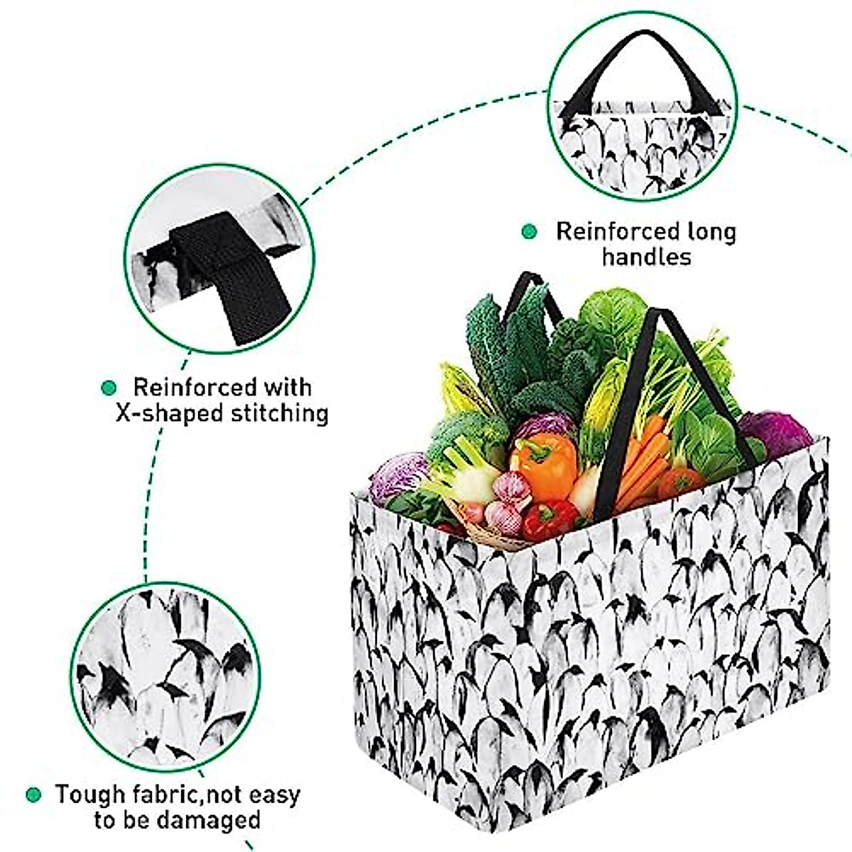 KQNZT Reusable Grocery Bags, Large Foldable Reusable Shopping Tote Bags Bulk for Groceries, Waterproof Kitchen Cloth Produce Bags with Long Handles, Animal Penguin