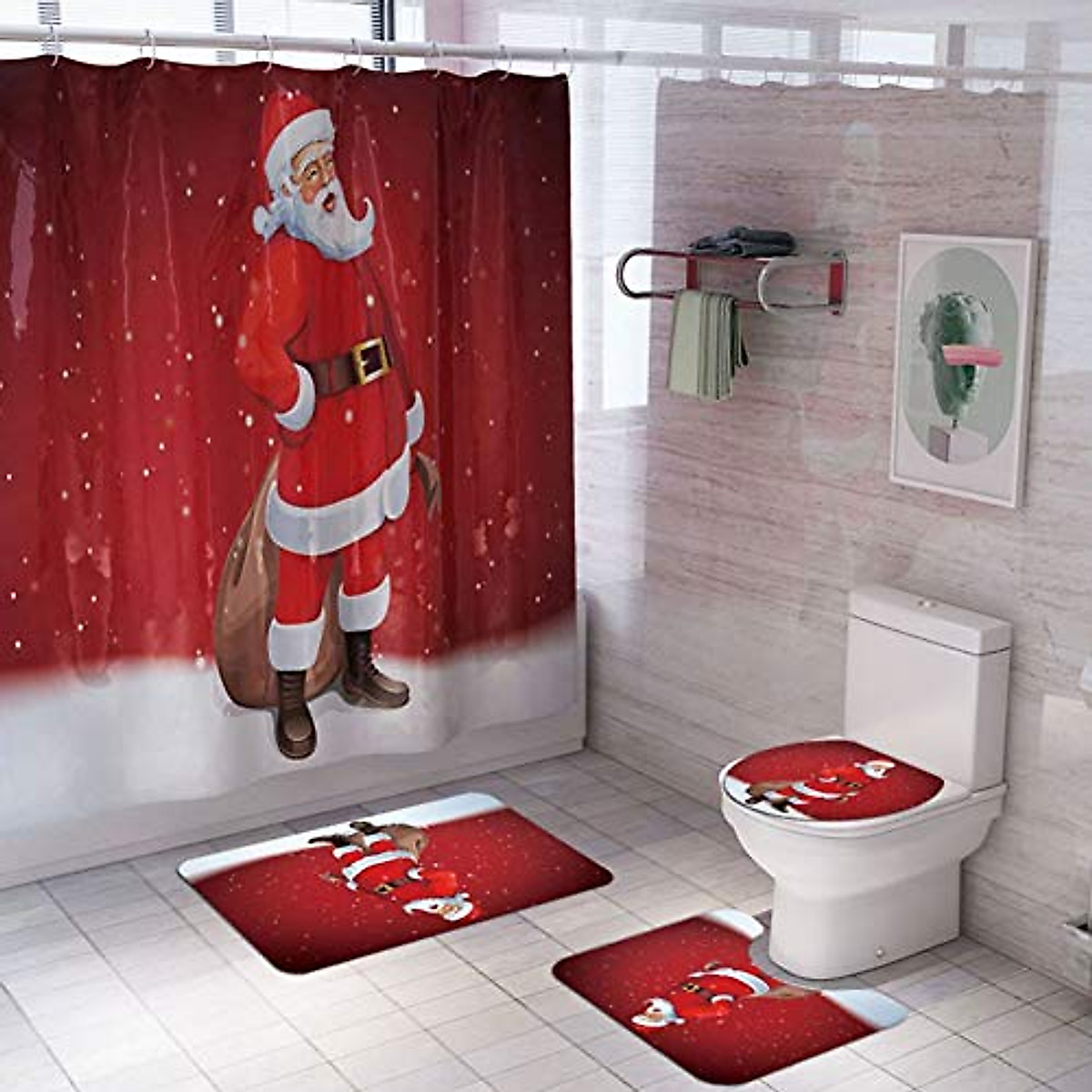 4 PCS Christmas Shower Curtain Sets with Rugs, 72x72 Polyester Shower Curtains Christmas Tree Wreath Santa Claus Snowman Patterned, with Bath Mat Xmas Decor Christmas Decorations for Bathroom