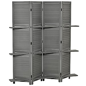 HOMCOM 4 Panel 67" Tall Wood Privacy Screen Room Divider with 3 Display Shelves, and Folding Storage for Bedroom or Home Office, Grey