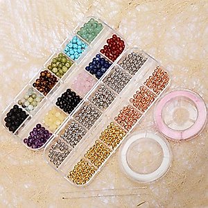 4mm Natural Mixed Materials Gemstones Beads and Brass Tiny Spacer Round Loose Beads Jewelry Making KIT with Thread and Needles 300PCS+300 PCS(12 Natural 3 Brass, 4mm)