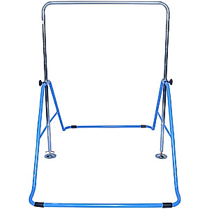 Gymnastics Training Bar for Kids Home Expandable Folding Kip Bar 4 in 1 Set with Swing Seat, 2 Trapeze Rings | Horizontal Bar Junior Gymnastic Equipment Height Adjustable Monkey Bars Jungle Gym Blue