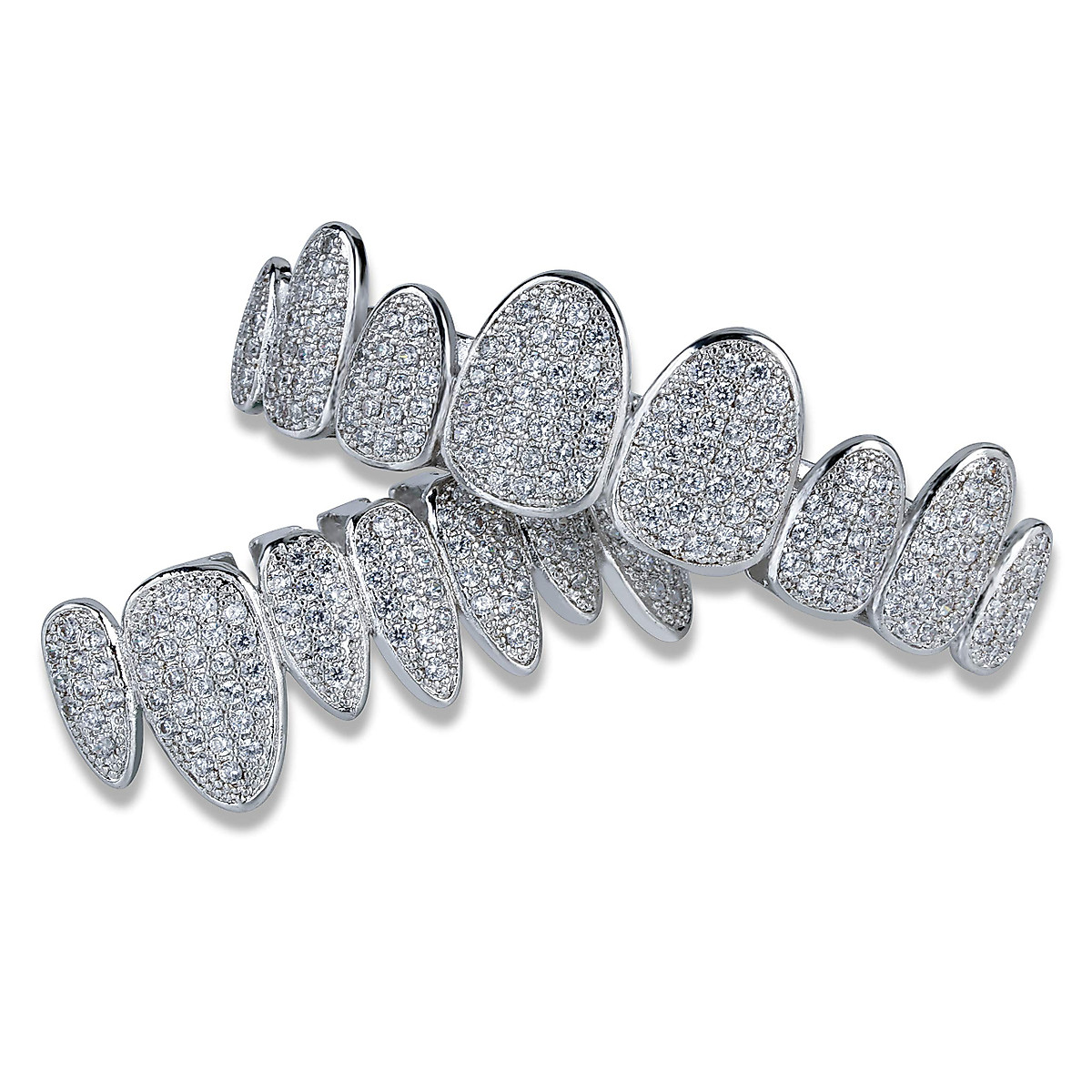 TOPGRILLZ 18K Gold Plated Iced Out Simulated Diamond Grillz Top and Bottom Grills for Your Teeth with Extra Molding Bars Hip Hop (Silver Set)