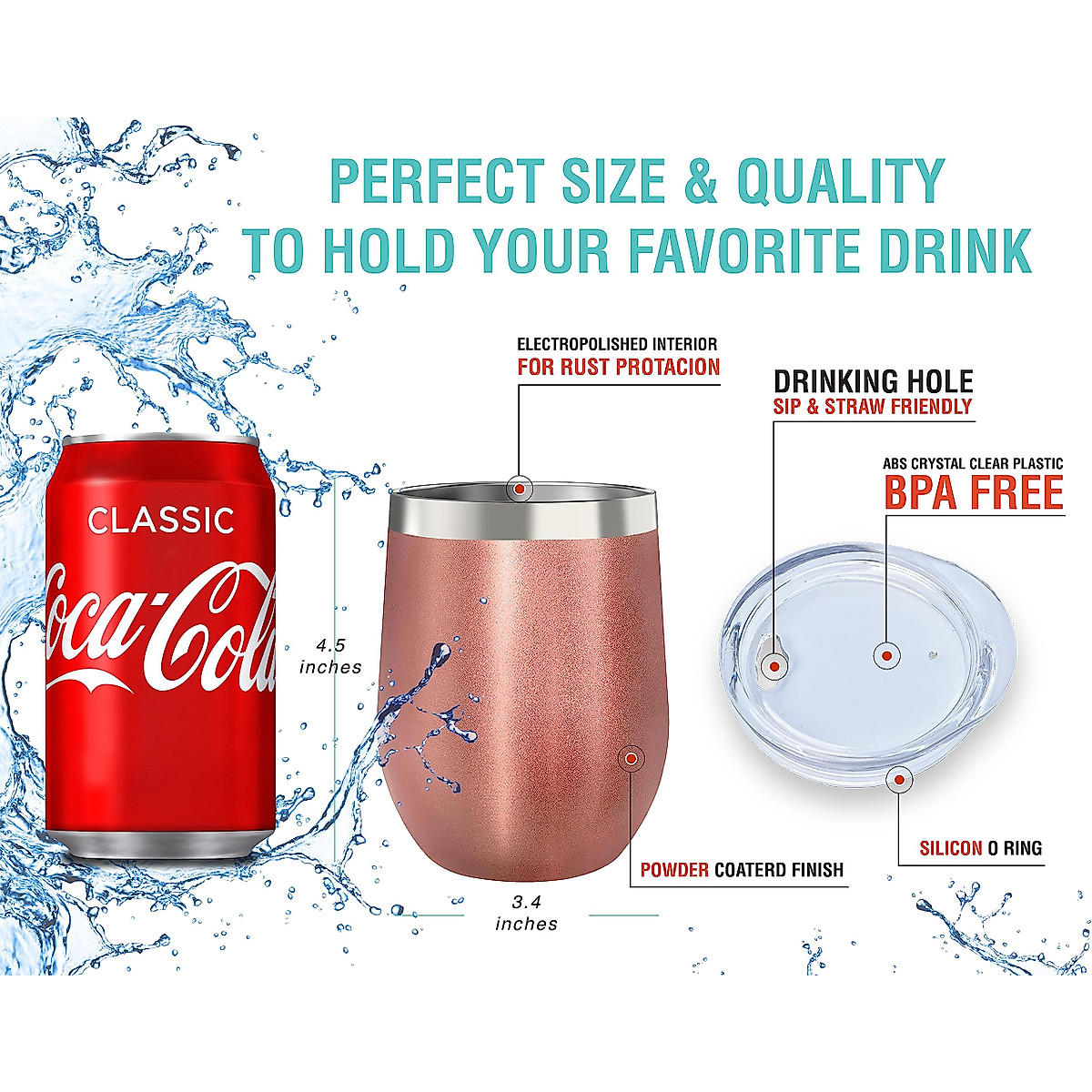 CHILLOUT LIFE Stainless Steel Wine Tumblers 4 Pack 12 oz - Double Wall Vacuum Insulated Wine Cups with Lids and Straws Set for Coffee, Wine, Cocktails - Rose Gold