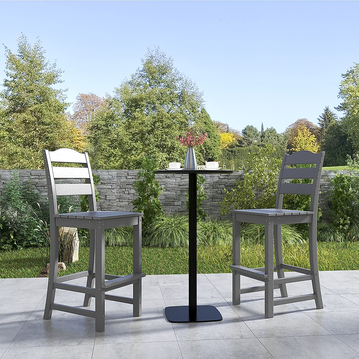 Giantex Outdoor HDPE Bar Stool, Patio Tall Bar Chair with Backrest and Footrest, 30 Inches Counter Height Barstools for Garden, Backyard, Weather Resistance, Easy Maintenance (2)