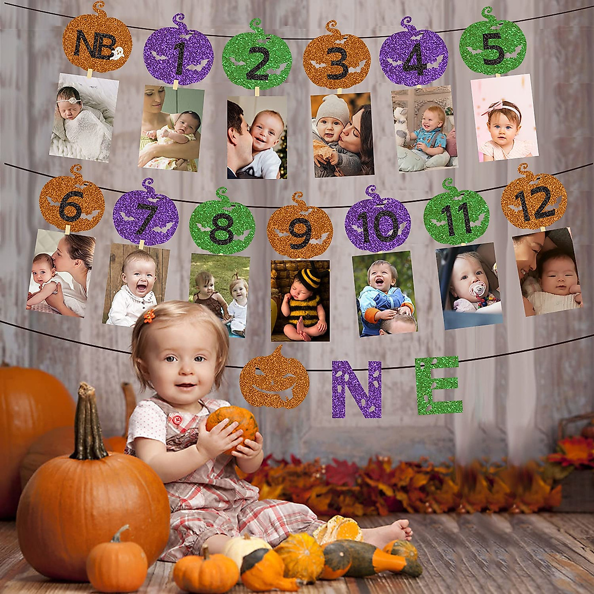 Halloween 1ST Birthday Party Decorations Pumpkin 12 Month Photo Banner for First Birthday Halloween First Birthday Decorations The Spooky One Birthday Decorations