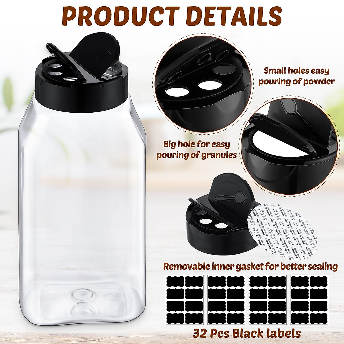 Mifoci 28 Pack 16 oz Plastic Spice Jars with Black Cap Square Plastic Bottle Containers with Shaker Lids and Stickers Large Seasoning Shaker Empty Powder Storage Container for Storing Salt Herbs