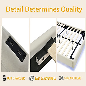 BIADNBZ Queen Size Floating Bed with LED Lights and USB Charging,Modern PU Leather Upholstered Low Platform Bedframe with Headboard for Bedroom Guest Room,Wooden Slat Support,Beige