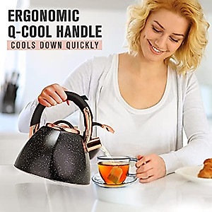 Tea Kettle Stovetop Whistling, 3 QT, Q-Cool Handle, Surgical Grade Stainless Steel Teapot, Compatible with all Stovetops, Beautiful Stone and Copper Finish, Modern Kettle